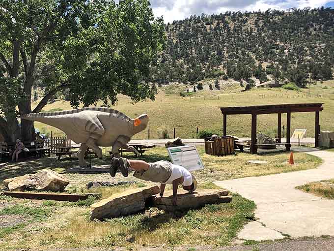 Life-size dinosaur replicas dot the landscape, inviting kids and adults alike to imagine when these creatures ruled this ancient terrain.