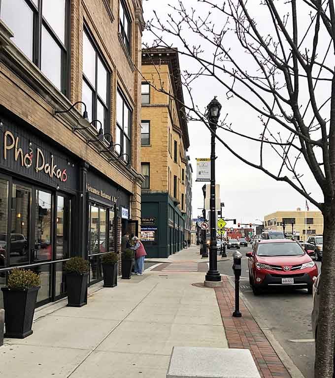Downtown Framingham street lined with shops and cozy restaurants offers a welcoming atmosphere, perfect for strolling, dining, and enjoying local charm.
