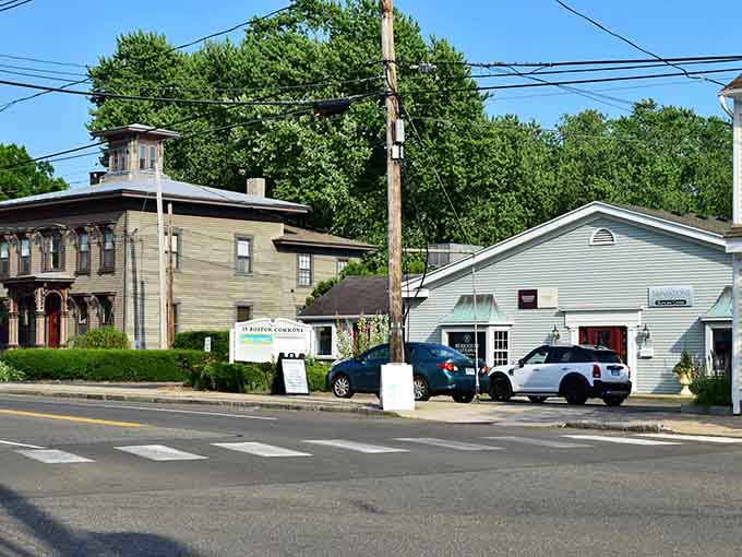 Historic wooden buildings cluster together like old friends sharing secrets they've kept since the horse-and-buggy days of yore.