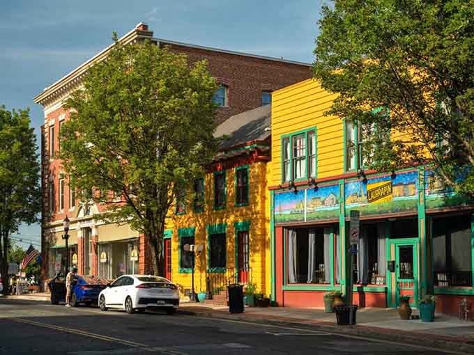 Golden hour light dances on these colorful storefronts like a painter's brush, making every evening stroll feel magical.