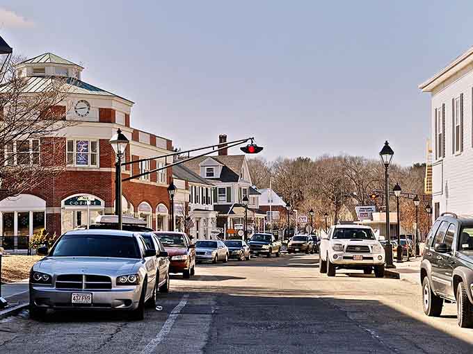 Winter light catches the brick and white buildings, creating a scene Norman Rockwell would've loved painting.
