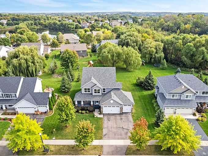 Manicured lawns and mature trees create the perfect suburban sanctuary where safety meets natural beauty.