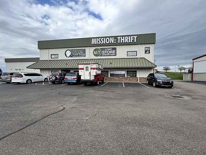 Even under moody skies, the parking lot stays busy with treasure seekers who know good deals wait inside.