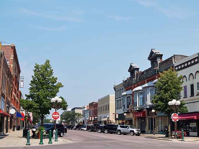 Those ornate rooflines and vintage storefronts create a streetscape that cameras absolutely love capturing on sunny days.