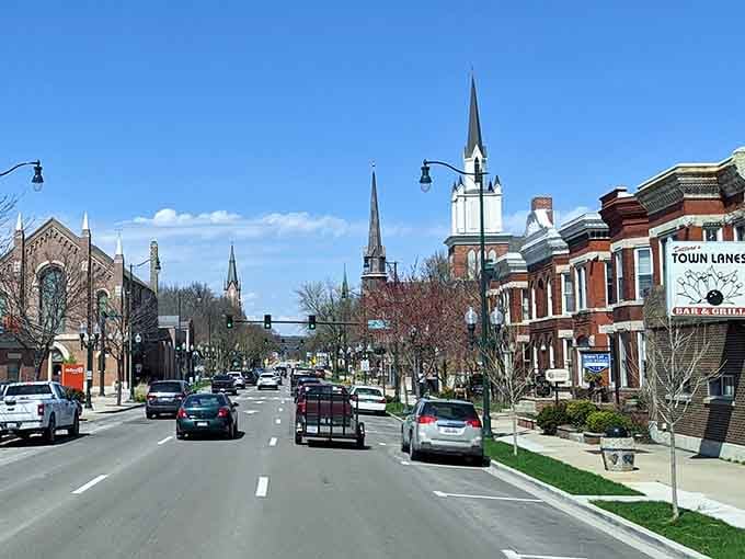 Church steeples pierce the skyline like exclamation points declaring this town's enduring faith and architectural heritage.