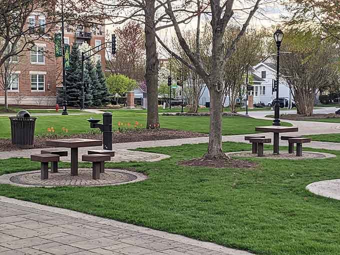Inviting green spaces dot this thoughtfully designed downtown where picnic tables await friendly conversations and peaceful lunches.