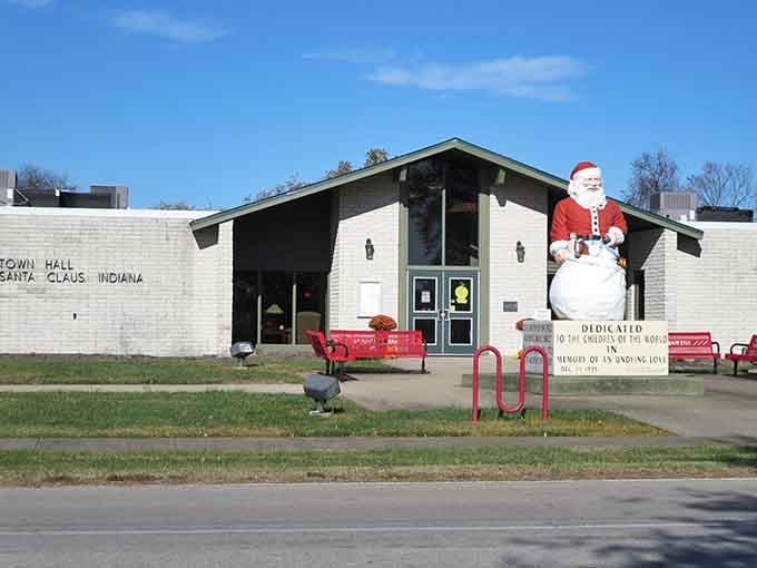 The Town Hall of Santa Claus stands ready to handle municipal business with a side of Christmas magic.