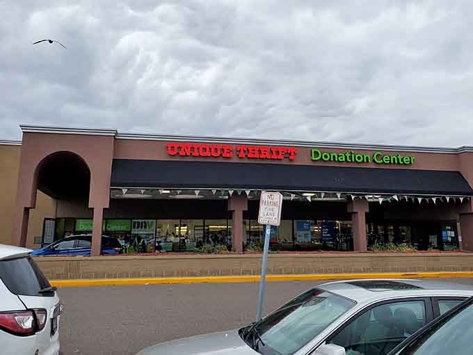 Even under dramatic clouds, this thrift store shines bright with promises of bargains and the thrill of the hunt.