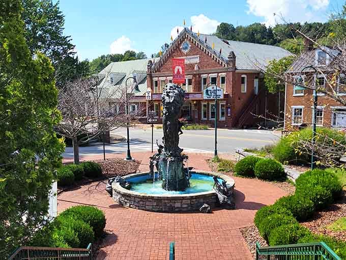 That ornate fountain anchoring brick pathways creates a European plaza vibe right in the heart of Appalachia.