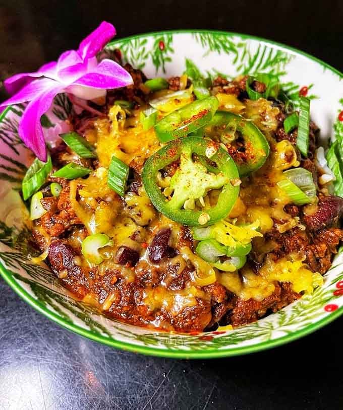Hawaiian chili that brings the heat while that fried egg on top plays peacemaker between your taste buds.