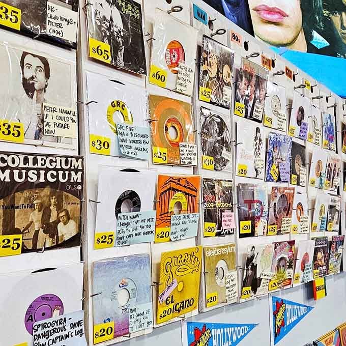 Seven-inch singles lined up like soldiers, each one a time capsule from music's golden era waiting to be rediscovered.