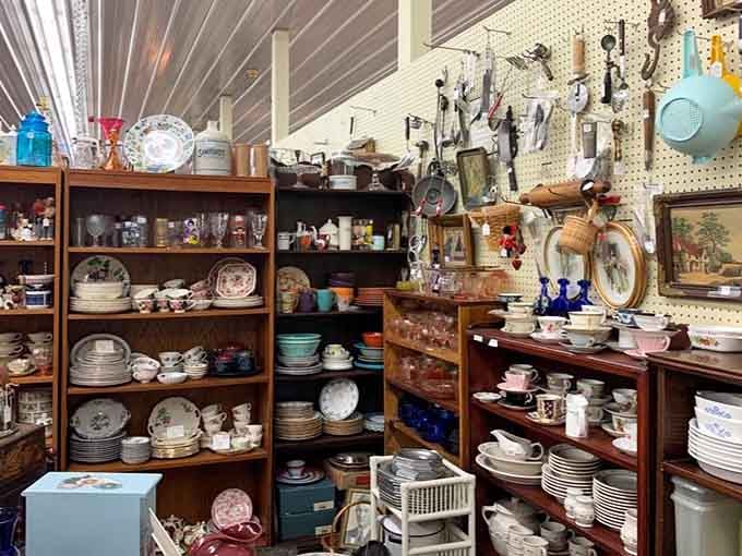 Vintage dishware stacked like edible memories, each piece telling stories of Sunday dinners past.