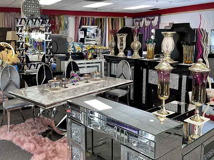 Glamorous furniture displays proving that "discount" and "looking like a million bucks" aren't mutually exclusive concepts anymore.