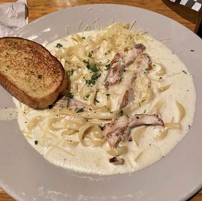 House-made alfredo sauce coating tender fettuccine proves that sometimes the classics are classic for very good reasons indeed.