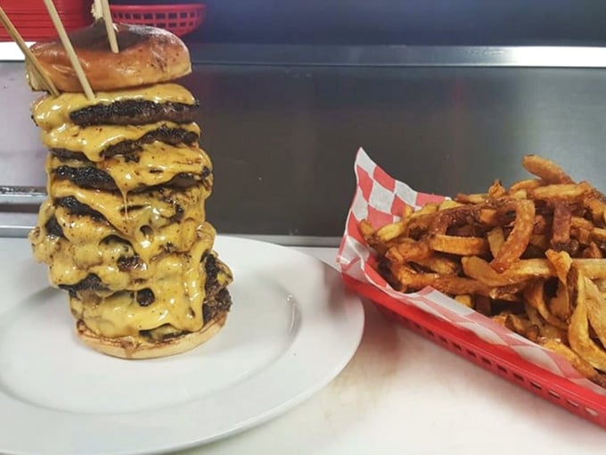 This isn't just a burger, it's an engineering marvel held together by skewers and sheer determination.