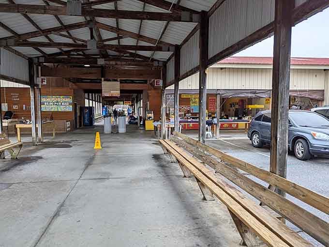 Stroll through the spacious, covered walkways of the market, where wooden benches offer a nice spot to rest between discoveries.