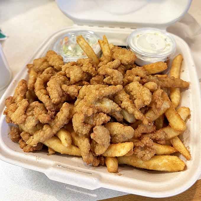 Golden clam strips piled high enough to make any seaside shack jealous, landlocked location be darned.