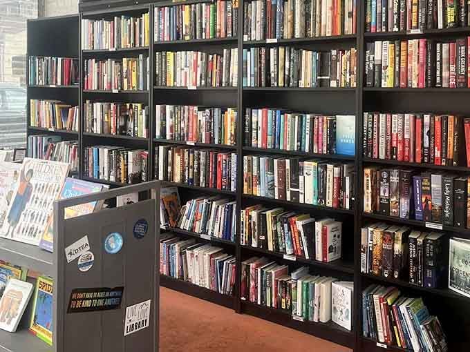 Floor-to-ceiling shelves packed with possibilities, organized chaos that somehow makes perfect sense to book lovers everywhere.