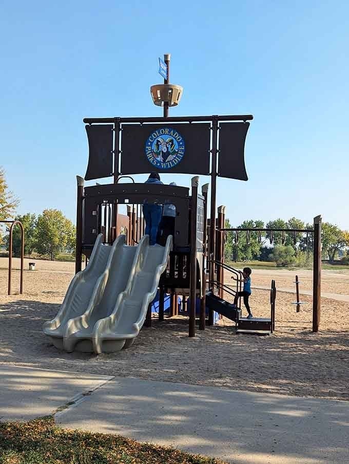 That pirate ship playground keeps kids entertained when they've had enough water, which happens approximately never.