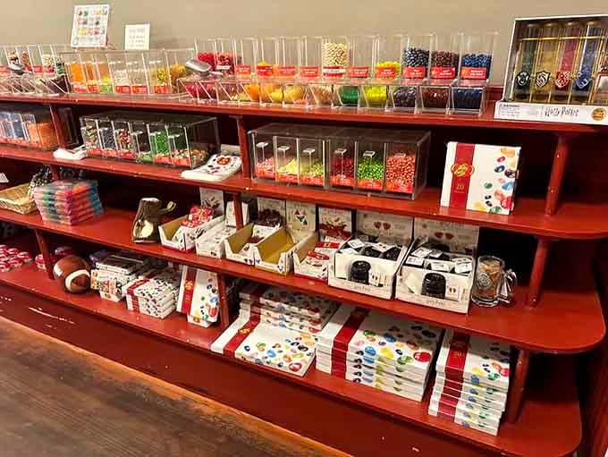 Shelves packed with colorful candies and gift boxes prove that sugar comes in every shade of delicious.