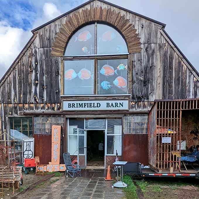 The Brimfield Barn wears its weathered charm proudly, a fitting home for antiques that have their own stories to tell.