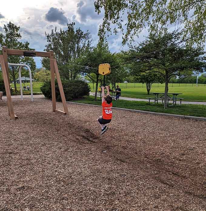 The zip line: where kids briefly experience flight and parents briefly experience heart palpitations and regret.