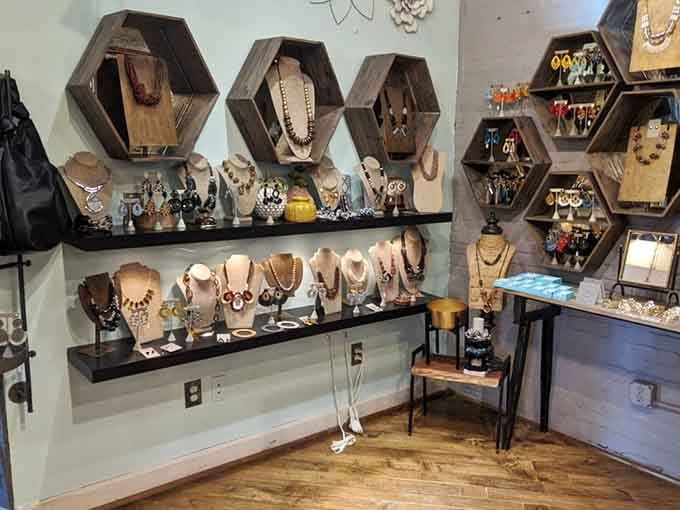 Hexagonal shelves showcase handcrafted jewelry that'll make you rethink your entire accessory collection in the best way.