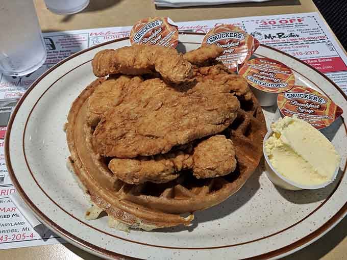 Chicken and waffles done right: crispy, fluffy, and proof that some combinations are simply meant to be.