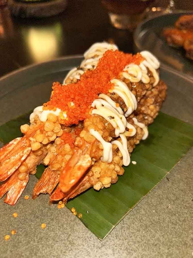 Tempura shrimp topped with caviar proves that sometimes excess is exactly what the doctor ordered, deliciously speaking.