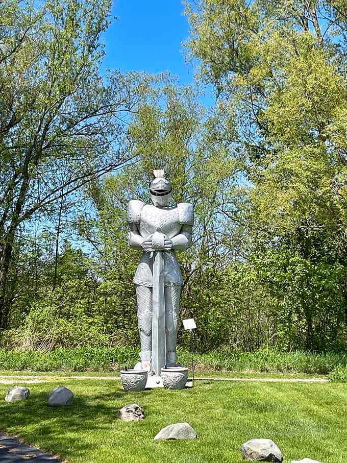This knight stands ready to defend the realm, or at least provide an excellent photo opportunity for visitors.