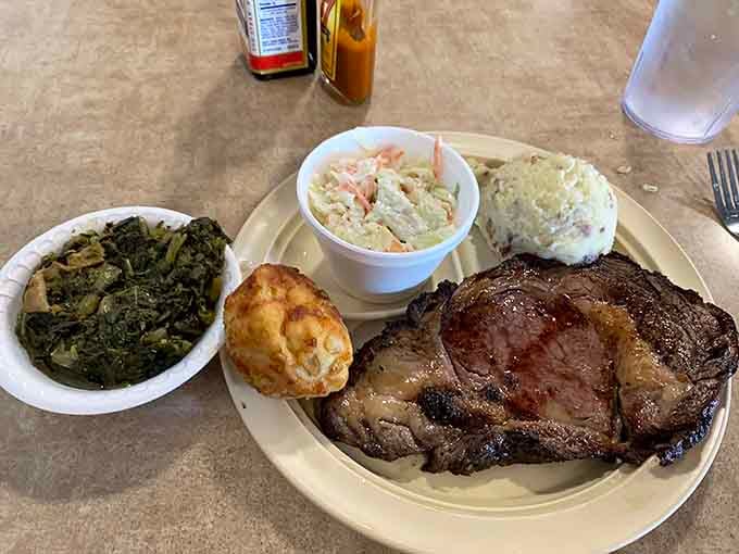 That ribeye with collard greens and coleslaw proves small-town restaurants don't mess around with portion sizes or quality.
