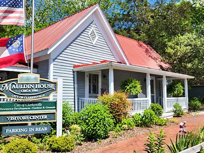The Mauldin House stands as Clarkesville's welcoming committee, greeting visitors with Southern hospitality and helpful local information.