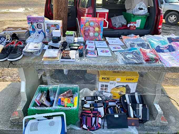 Tailgate vendors spread their wares on concrete tables, turning parking lots into personal shopping experiences.
