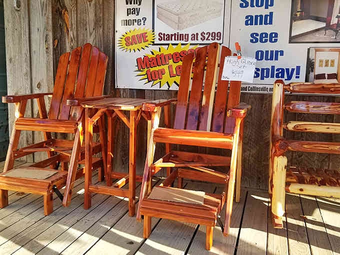 Handcrafted wooden rockers waiting for front porches, built to outlast whatever flimsy furniture the big box stores are selling.