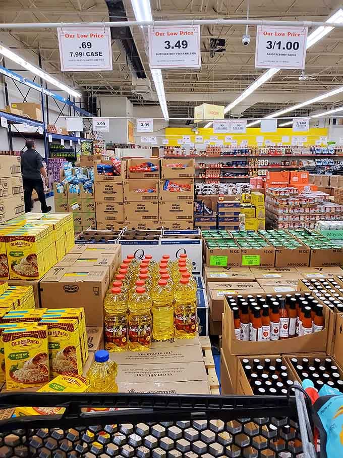 Pallets of groceries stacked high like a warehouse club, minus the membership fee and existential dread.
