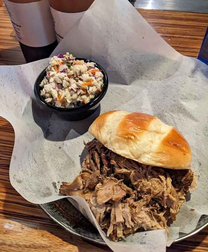 That pulled pork sandwich is piled so high it defies physics, gravity, and any reasonable definition of "sandwich-sized."
