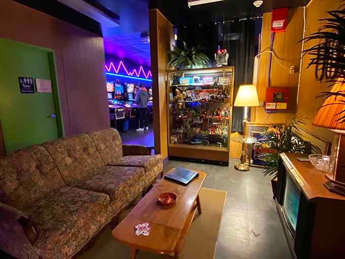 Nothing says "take a break" like a vintage living room setup complete with wood paneling and shag carpet.