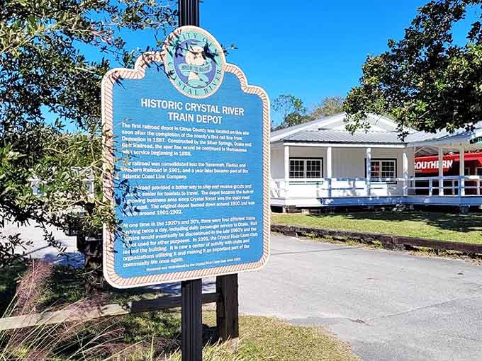 The historic train depot stands as a reminder that Crystal River was cool before Instagram made everything photogenic.