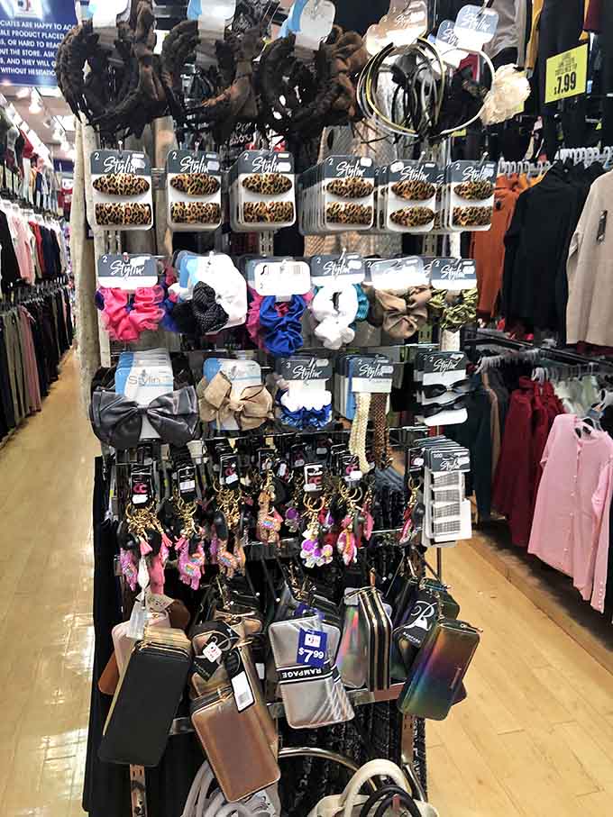 Hair accessories and handbags organized like a fashion magazine spread, except these won't require a second mortgage.