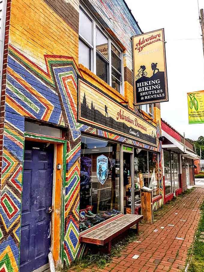 That rainbow-bright geometric mural practically shouts "adventure starts here," and who are we to argue with such enthusiasm?