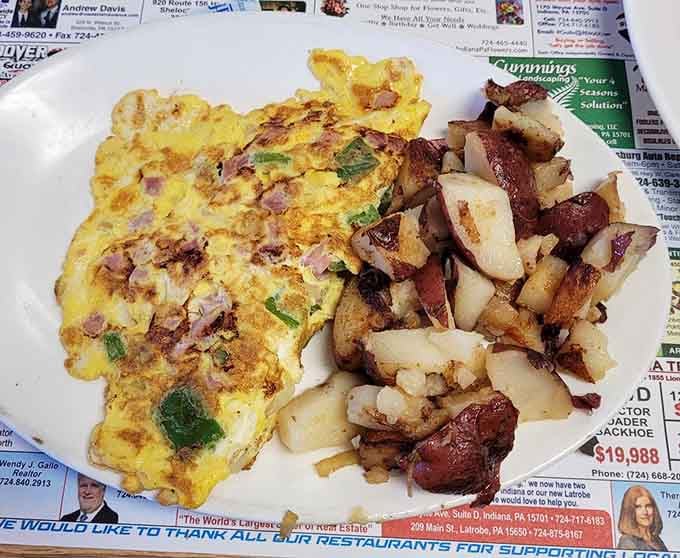 That Western omelet with perfectly crispy home fries is basically a complete breakfast symphony on one plate.