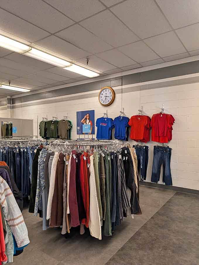 Color-coded clothing racks make finding your size easier than remembering where you parked your car outside.