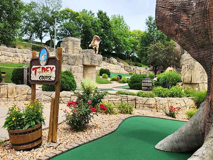 Lush landscaping and towering dinosaurs create an atmosphere where Jurassic Park meets your weekend leisure activities flawlessly.