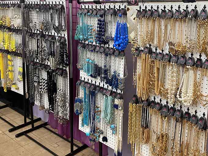 Necklaces organized by color create a rainbow that would make any jewelry lover's heart skip several beats.