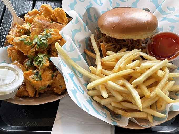 The island burger and cayenne butter wings prove that surf-and-turf creativity knows no bounds in Hermann.