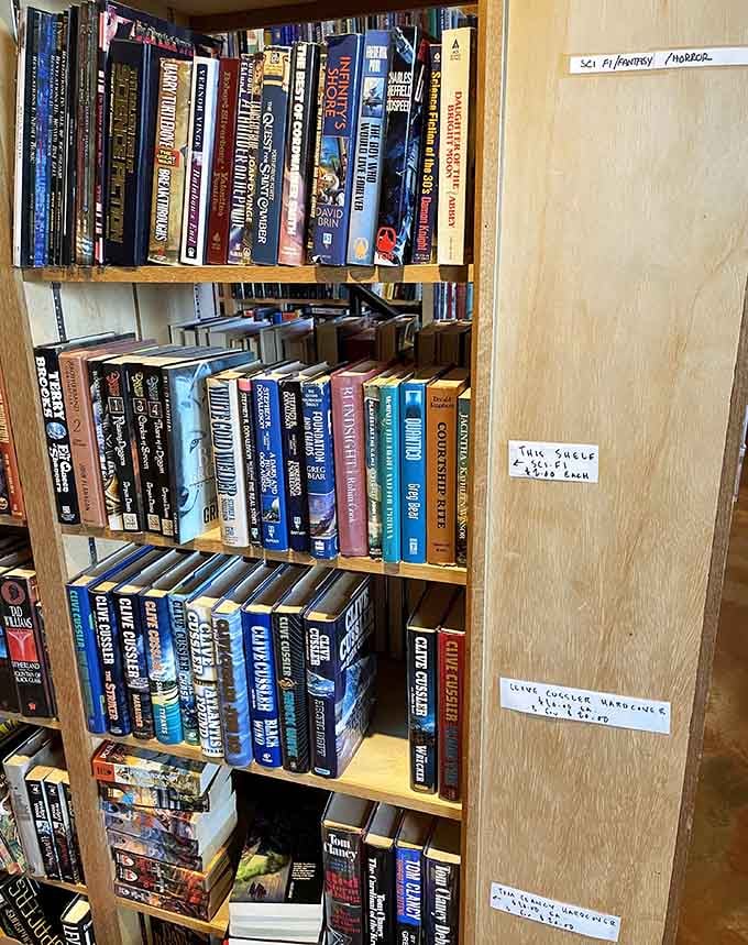 Science fiction and fantasy novels lined up like soldiers ready to transport you to galaxies far, far away.