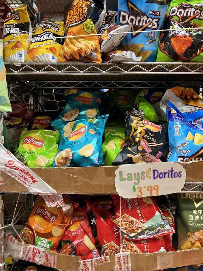 Even the chips section goes international, because apparently potato chips needed passports too.