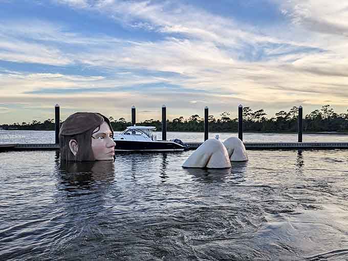 A giant head emerge from the marina waters like something from a fever dream, and honestly, we're here for it.