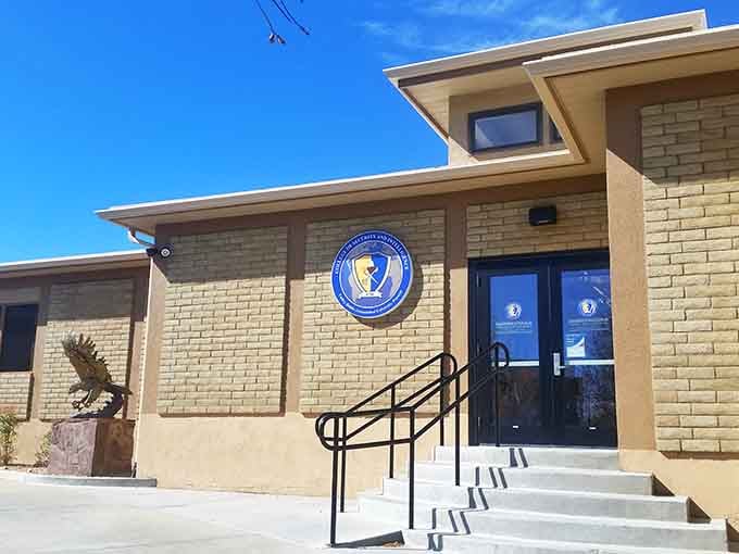 Even the College of Security and Intelligence building looks like it's keeping secrets behind those official doors.