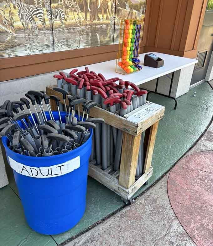 Adult putters, kid putters, and that one rainbow abacus for keeping score when things get competitive.